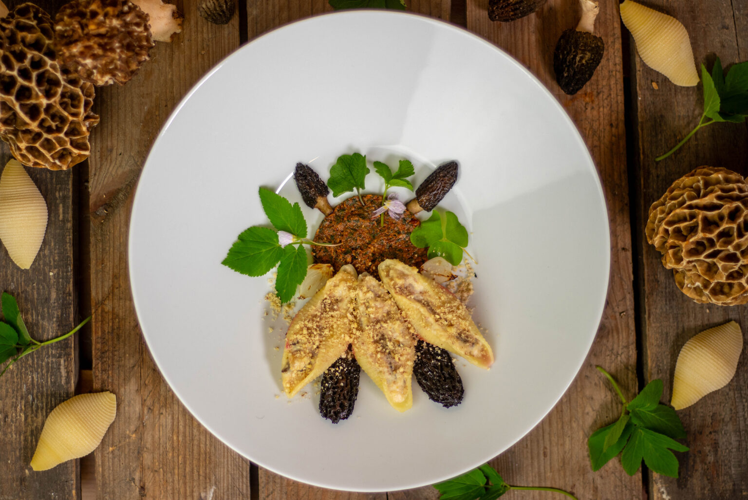 Muschelpasta gefüllt mit Morchel-Ricotta-Creme auf Gierschpesto ...